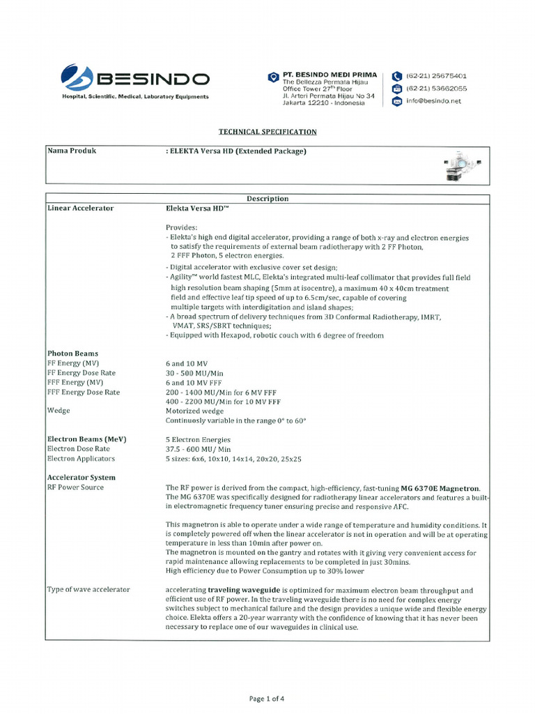 Spesifikasi Teknis - Elekta Versa HD (Extended Package) | PDF