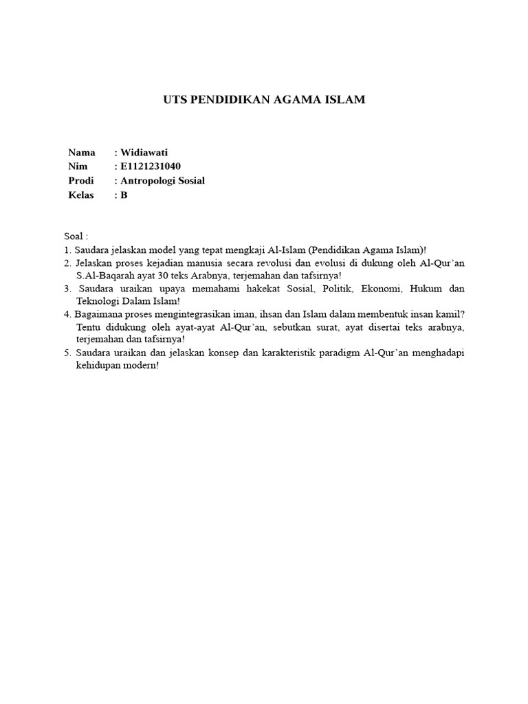 Uts Pendidikan Agama Islam (Semester 1) | PDF