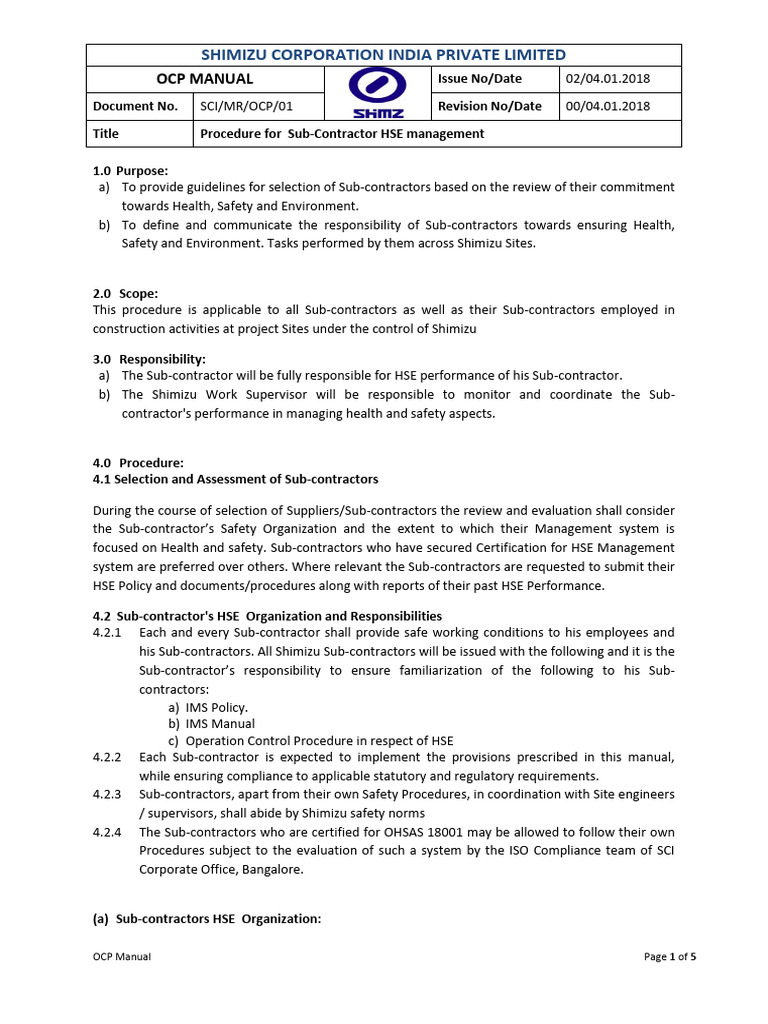 Procedure For Sub-Contractor HSE Management | PDF
