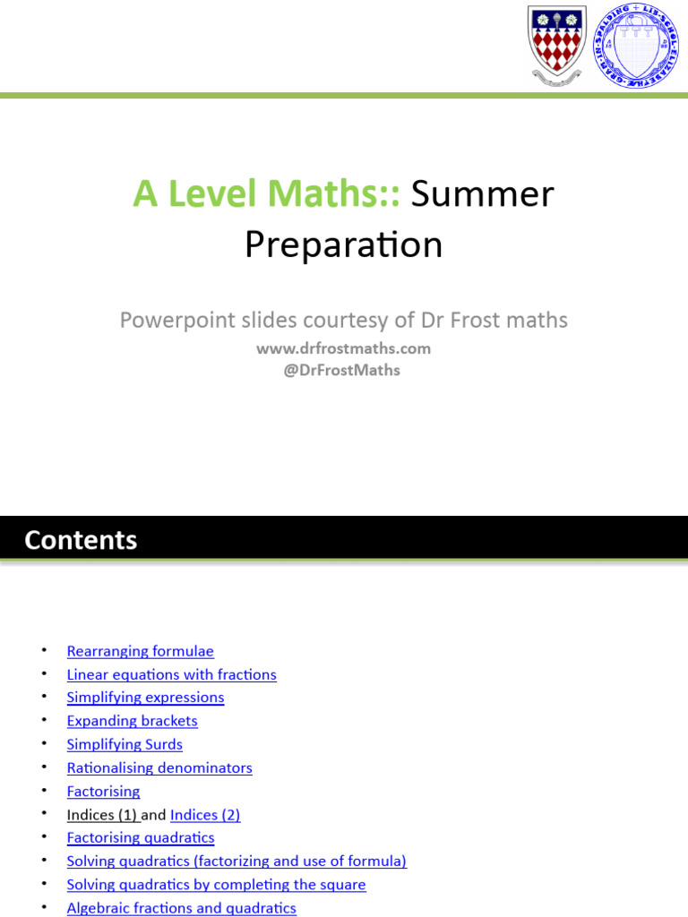 SGS SHS KS5 Maths Summer Prep Powerpoint.266672919 | PDF | Equations ...