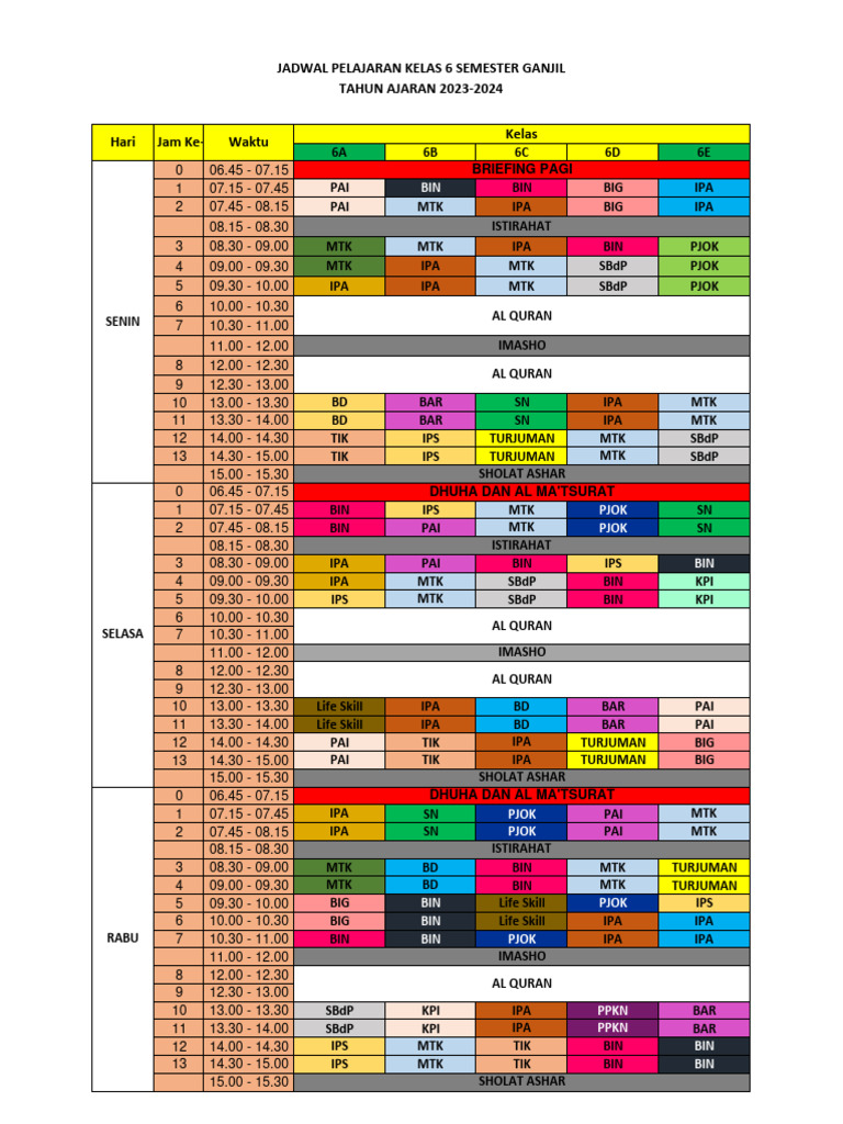 Jadwal Pelajaran Kelas 6 Semester Ganjil Tahun Ajaran 2324 | PDF