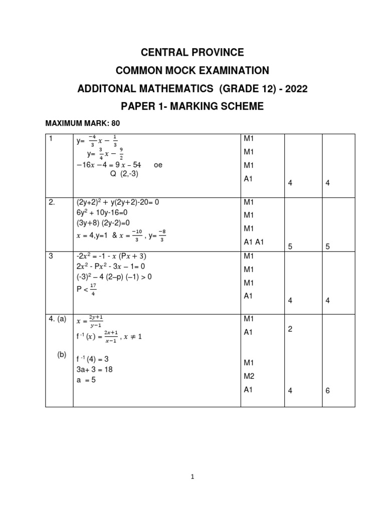CentralMock2022ADDMA PAPER 1 MARKING SCHEME | PDF