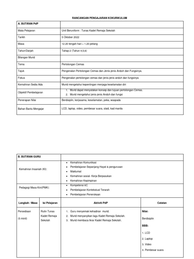 RPH Kokurikulum Unit Beruniform TKRS | PDF | Karier & Perkembangan