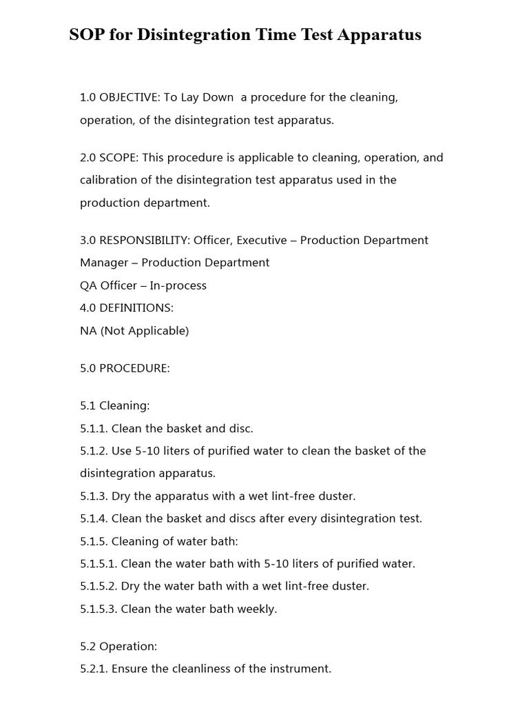 Disintegration Test Apparatus SOP | PDF