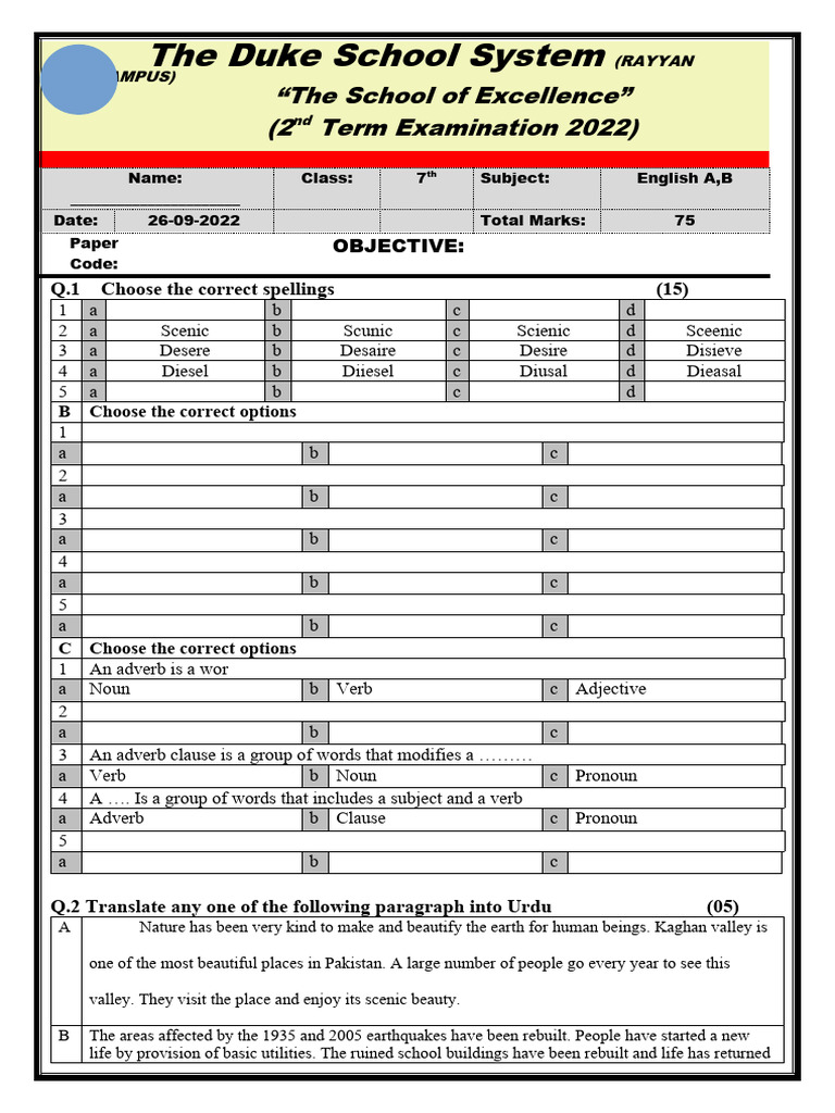 7th Grade English Exam Paper 2022 | PDF | Adverb | Verb