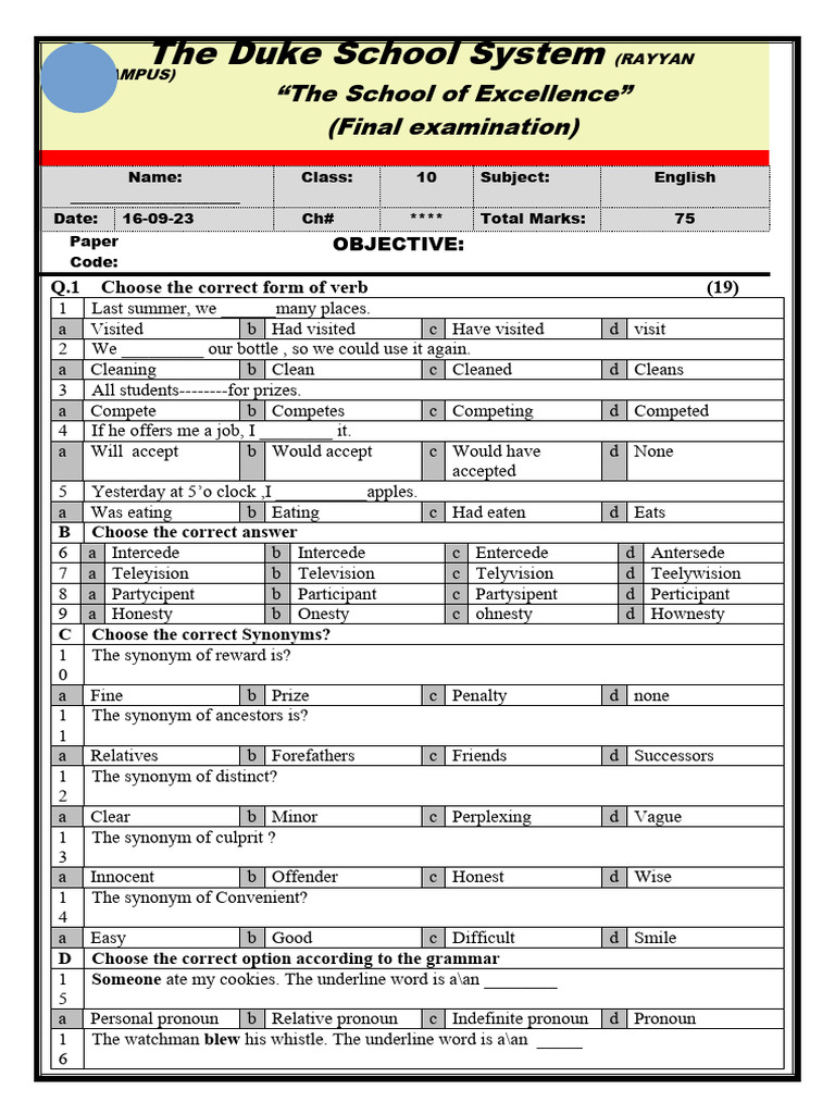 10 English Paper Formate 2021 | PDF