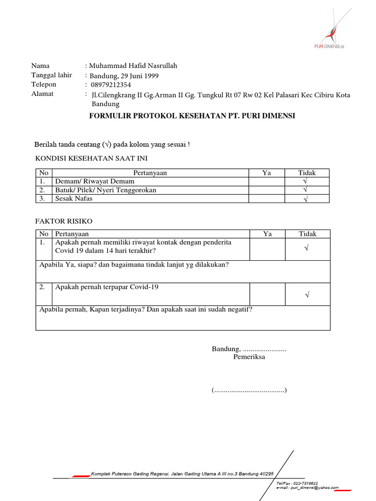 Formulir Prokes PT Puri Dimensi | PDF