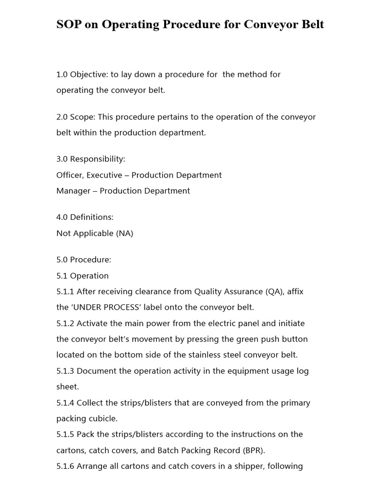 SOP On Operating Procedure For Conveyor Belt | PDF | Computers