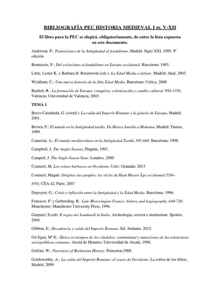 BIBLIOGRAFÃ-A PEC HISTORIA MEDIEVAL I ss-1 | PDF