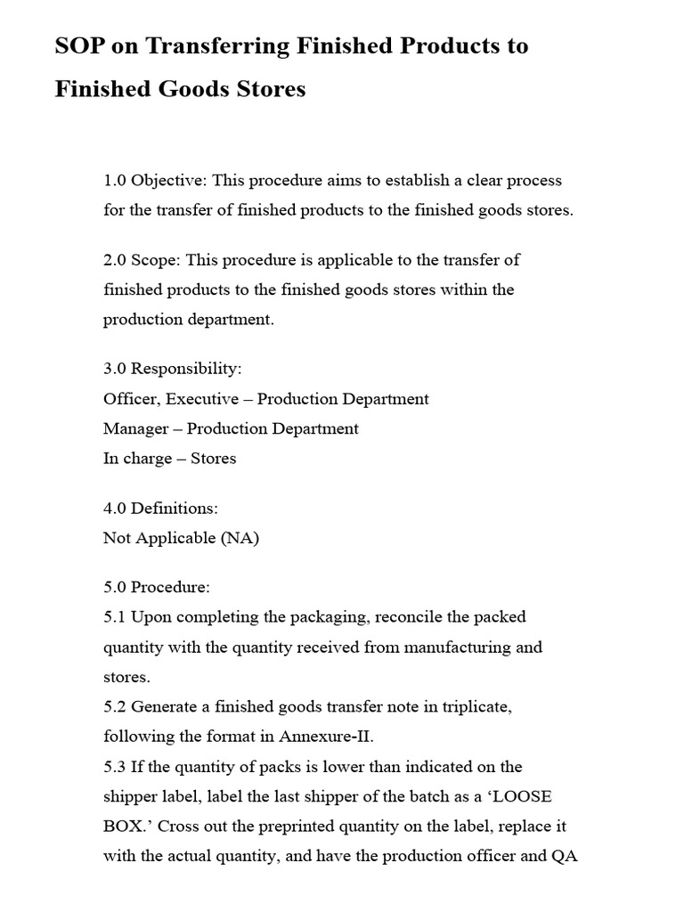 SOP On Transferring Finished Products To Finished Goods Stores | PDF