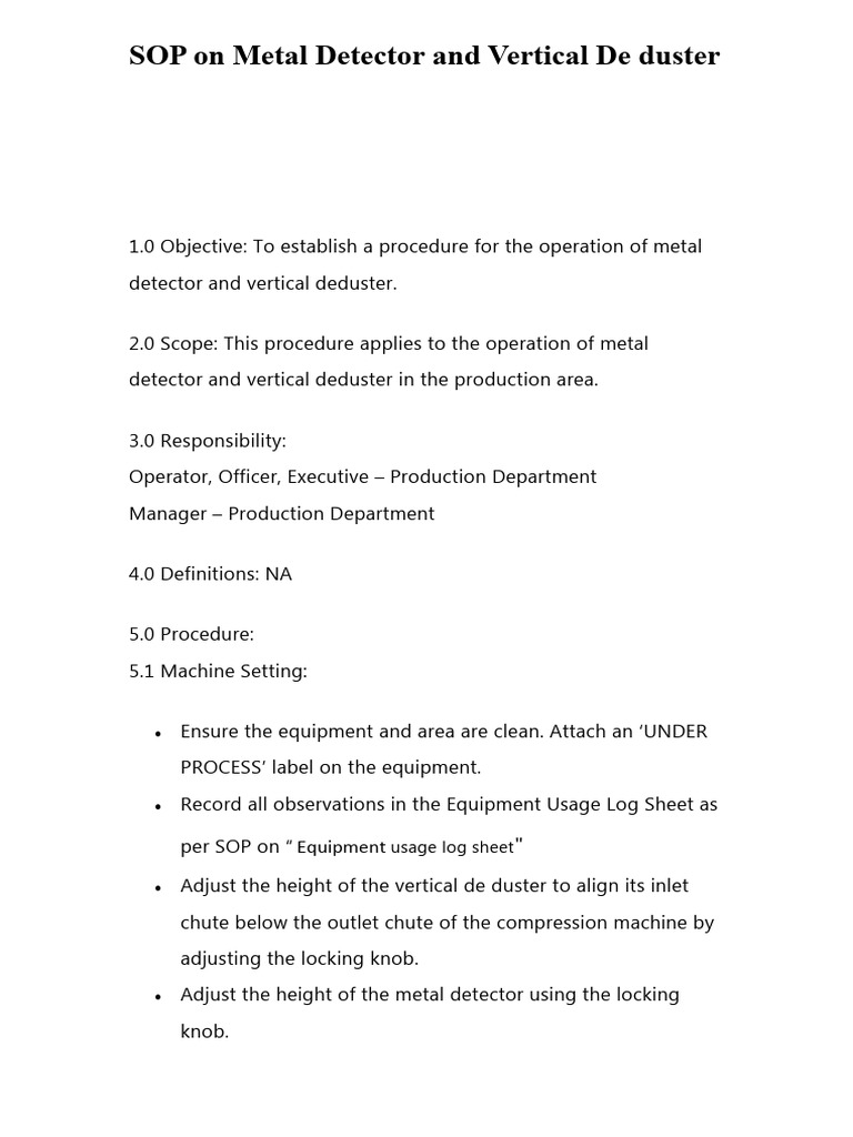 SOP On Metal Detector and Vertical Deduster | PDF