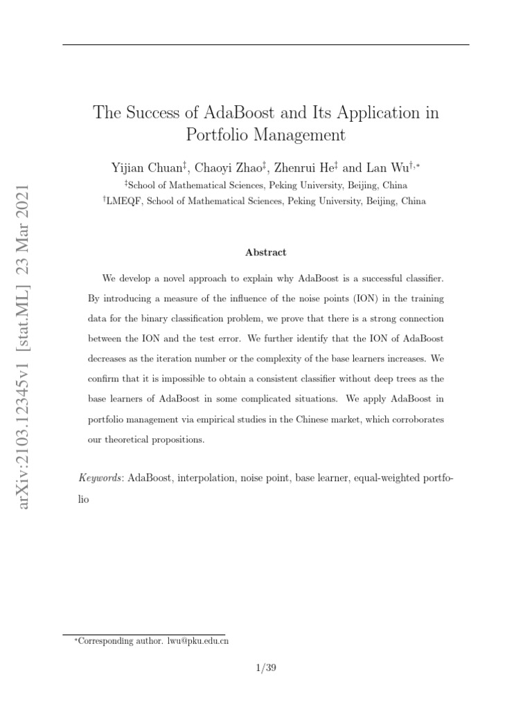 The Success of Adaboost and Its Application in Portfolio Management | PDF | Business | Computers