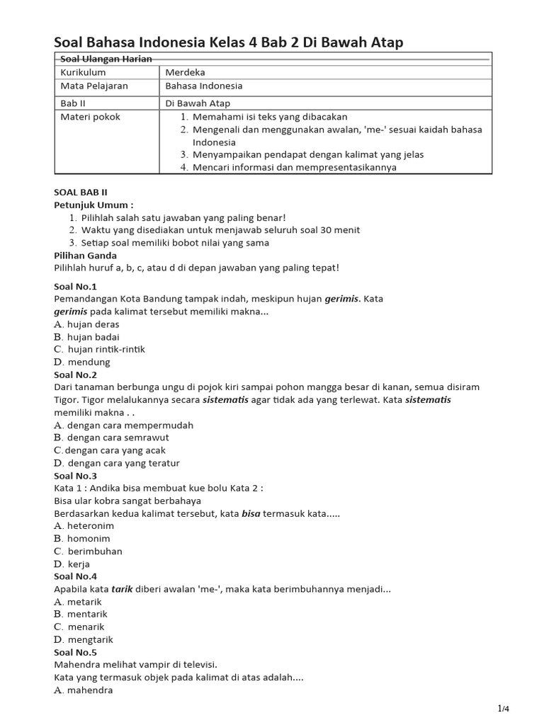 Soal Bahasa Indonesia Kelas 4 Bab 2 Di Bawah Atap | PDF