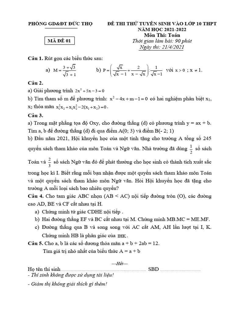 (Ngoc) de Thi Thu Toan Vao Lop 10 Nam 2021 2022 Phong GDDT Duc Tho Ha Tinh - de | PDF