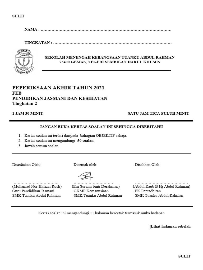 Cover Kertas Soalan SMK Tar Ujian 1 2019 | PDF