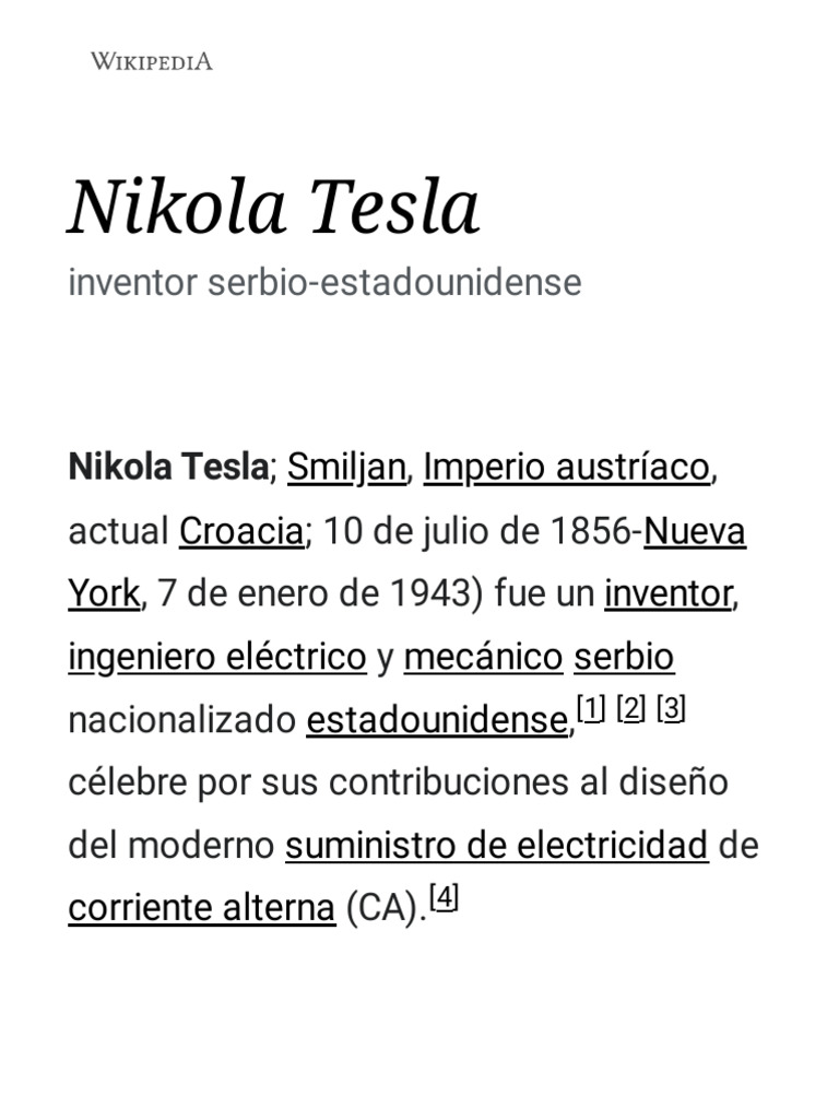 Nikola Tesla - Wikipedia, La Enciclopedia Libre | PDF