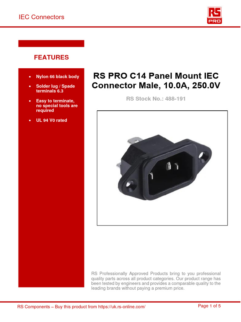 RS PRO C14 Panel Mount IEC Connector Male, 10.0A, 250.0V: Features | PDF