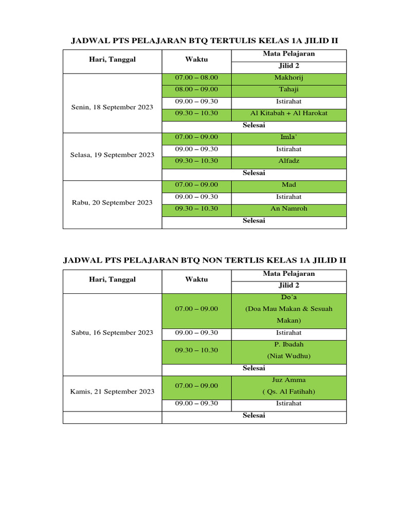 Jadwal PTS BTQ Gasal Tertulis & Nontertulis TH 2023-2024 | PDF