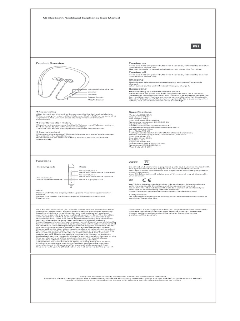 Mi Bluetooth Neckband Earphones User Manual | PDF