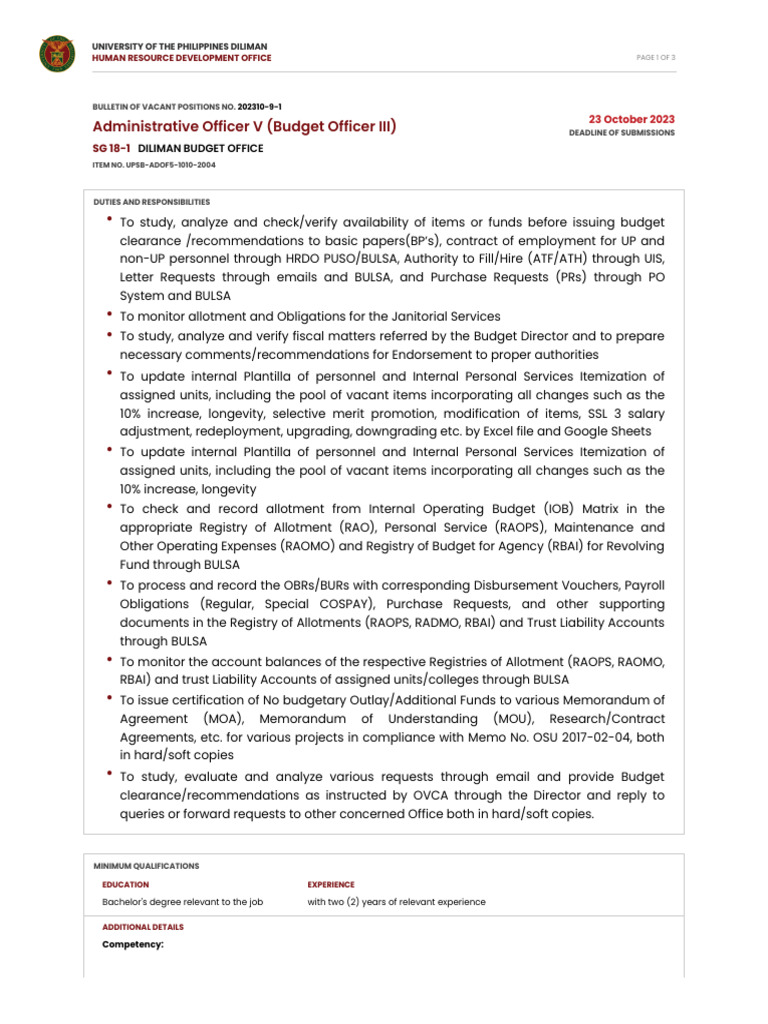 Administrative Officer V (Budget Officer III) - DILIMAN BUDGET OFFICE ...