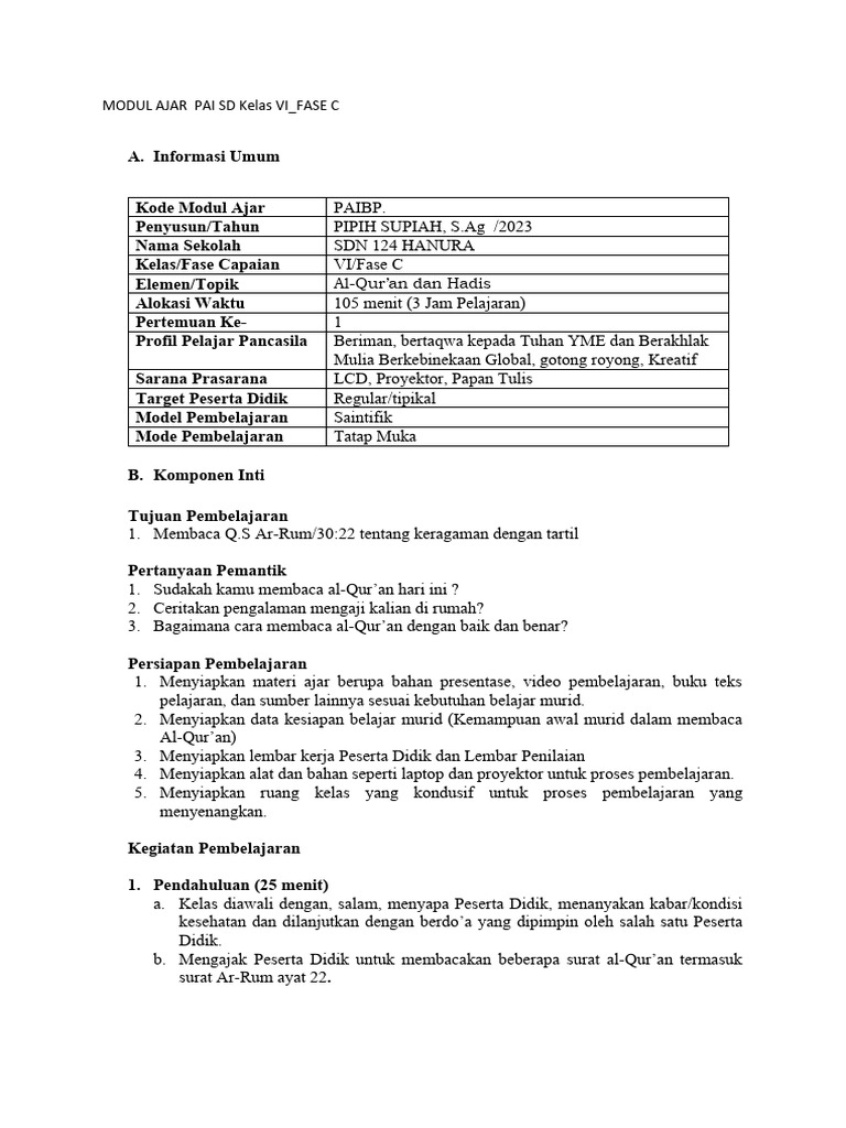 MODUL AJAR Kelas VI | PDF MODUL AJAR Kelas VI | PDF
