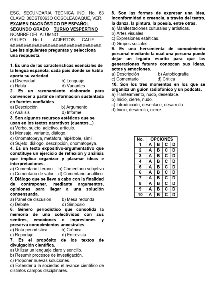 Examen Diagnóstico Español 2° Grado | PDF