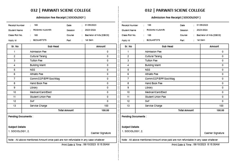 Admission Fee Receipt | PDF