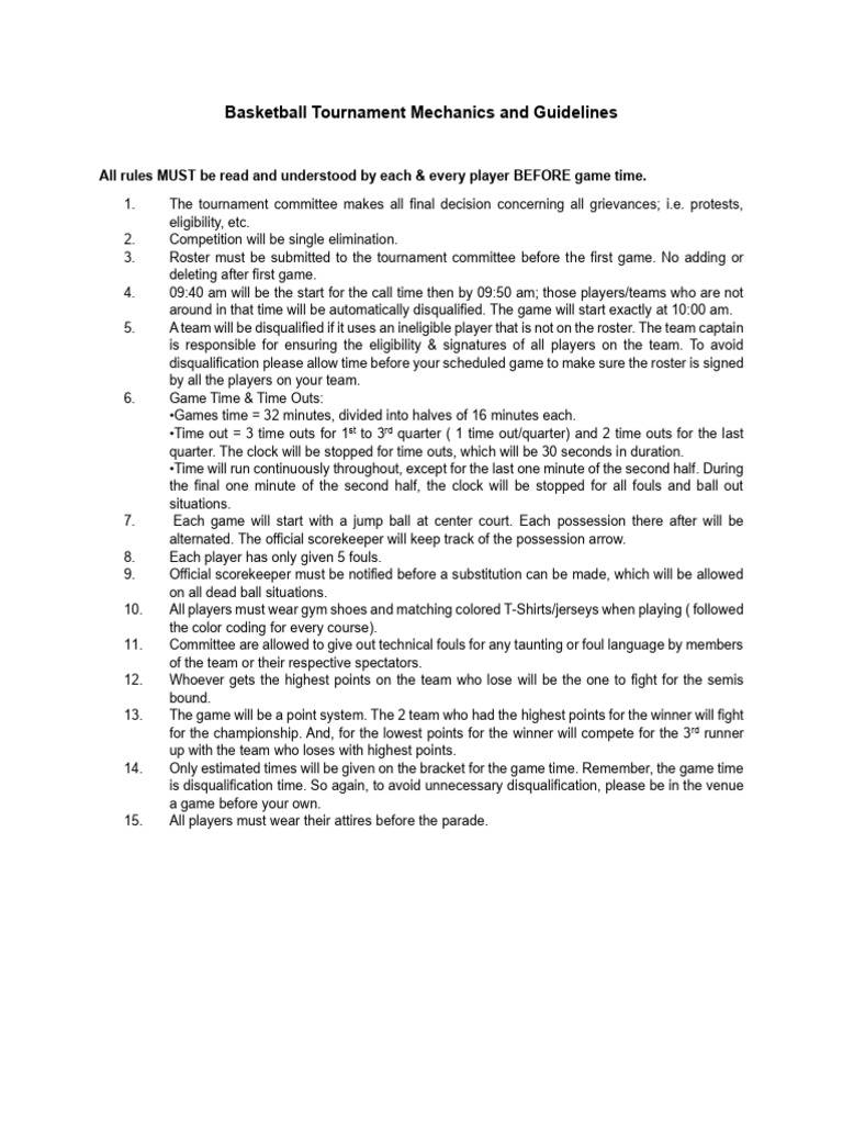 Basketball Tournament Rules & Guidelines | PDF