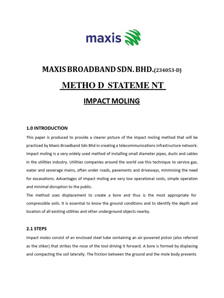 Method Statement Impact Moling (Shell Bukit Pasir) | PDF