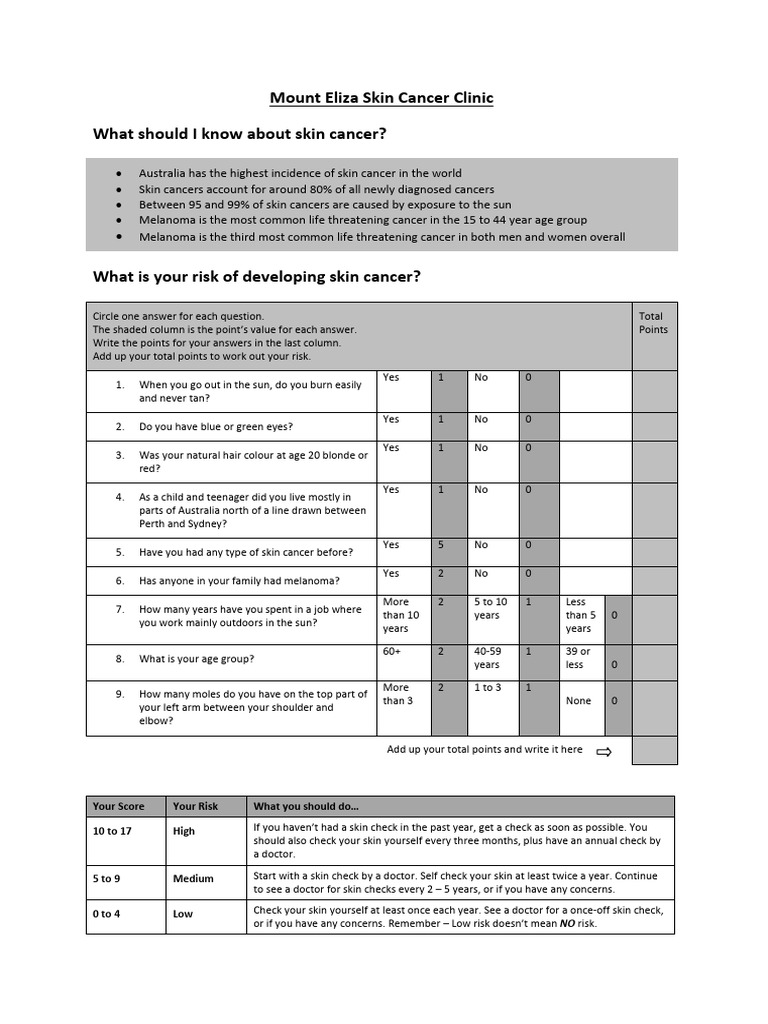 Skin Cancer Questionnaire | PDF