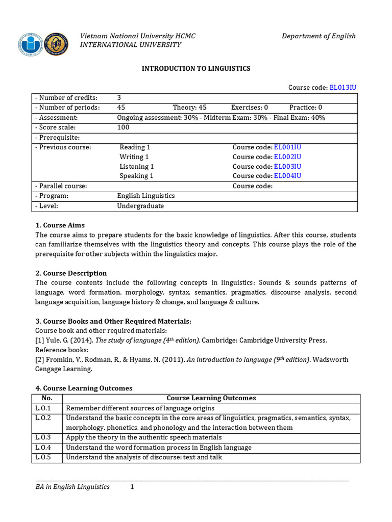 EL013IU Introduction to Linguistics_syllabus_ver 1.0 | PDF