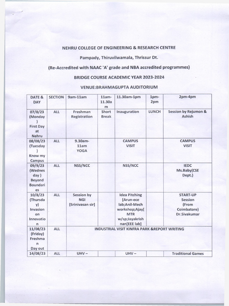 Bridge Course Schedule 2023-2024 | PDF