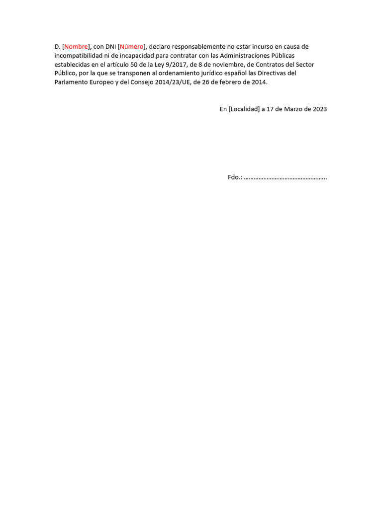 Plantilla Declaración Responsable | PDF