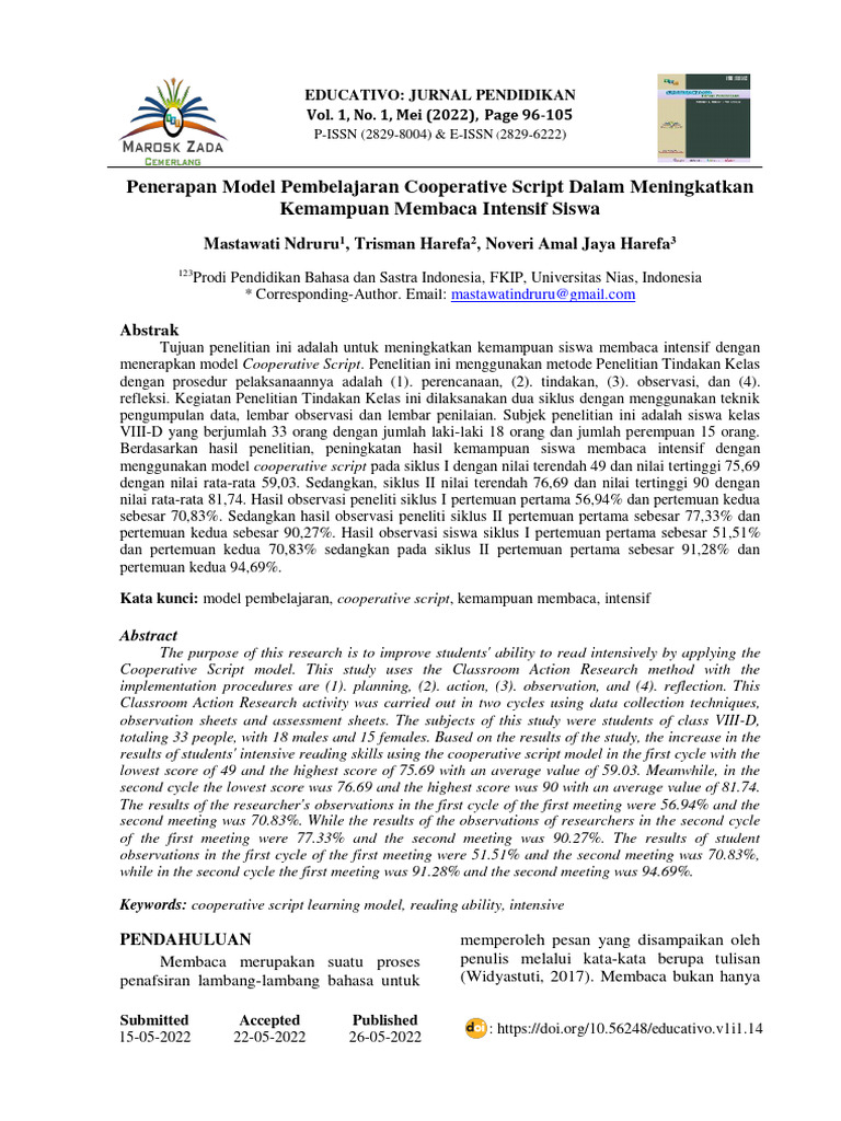 Penerapan Model Pembelajaran Cooperative Script Dalam Meningkatkan Kemampuan Membaca Intensif ...