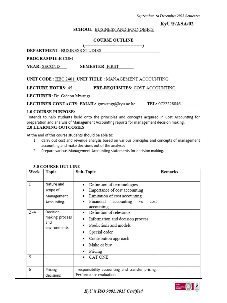 Course Outline Management Accounting | PDF