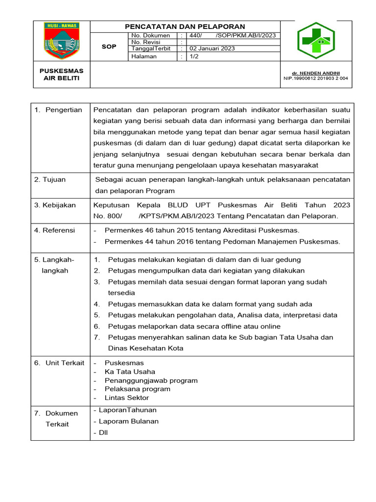 Sop Pencatatan Dan Pelaporan | PDF