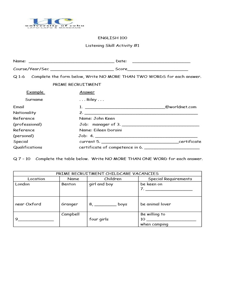 Listening Skill Activity #1 English 100 | PDF