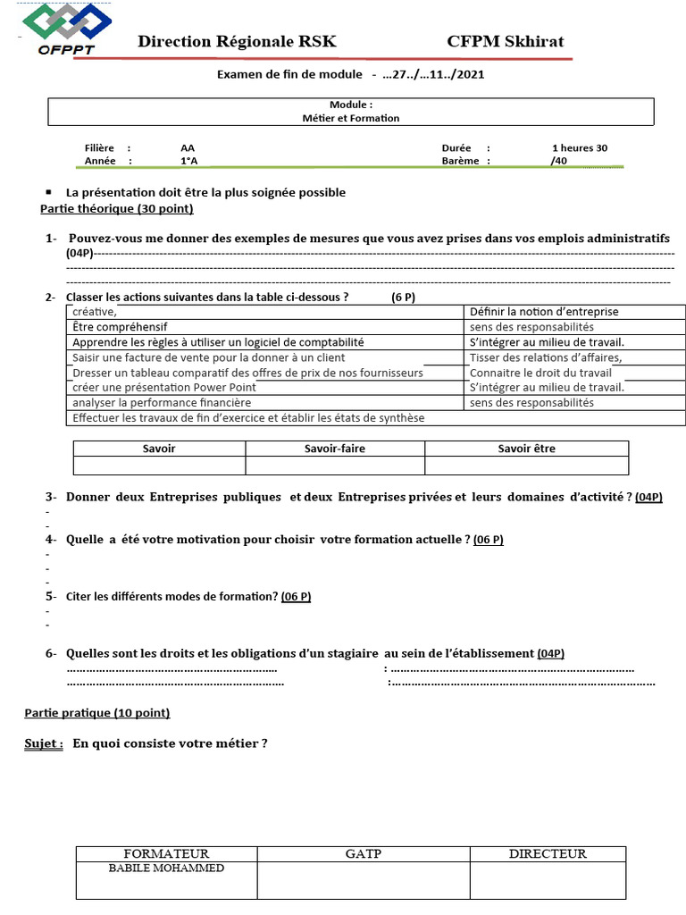 EFM Métier Et Formation AA | PDF
