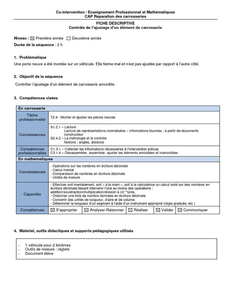 Séq 3 CAP STI-Math - Réparation Des Carrosseries-Contrôle Dajustage Dun ...