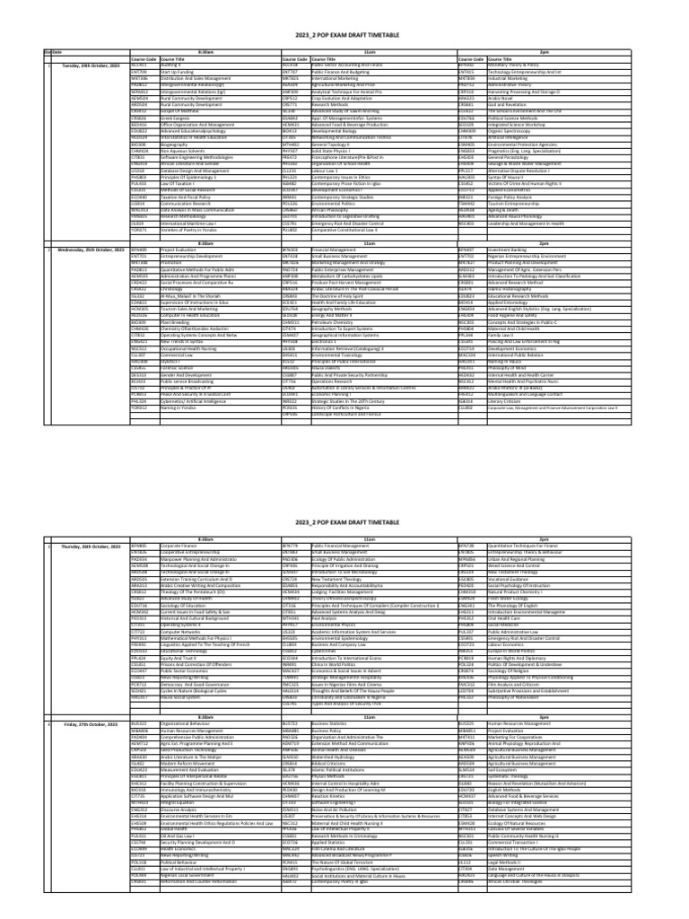 2023 - 2 Pop Exam Draft Time Table | PDF