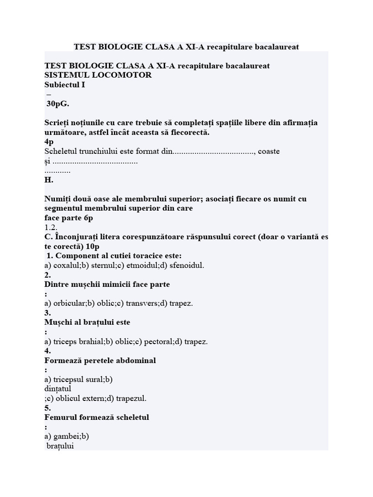 TESTE BIOLOGIE CLASA A XI | PDF