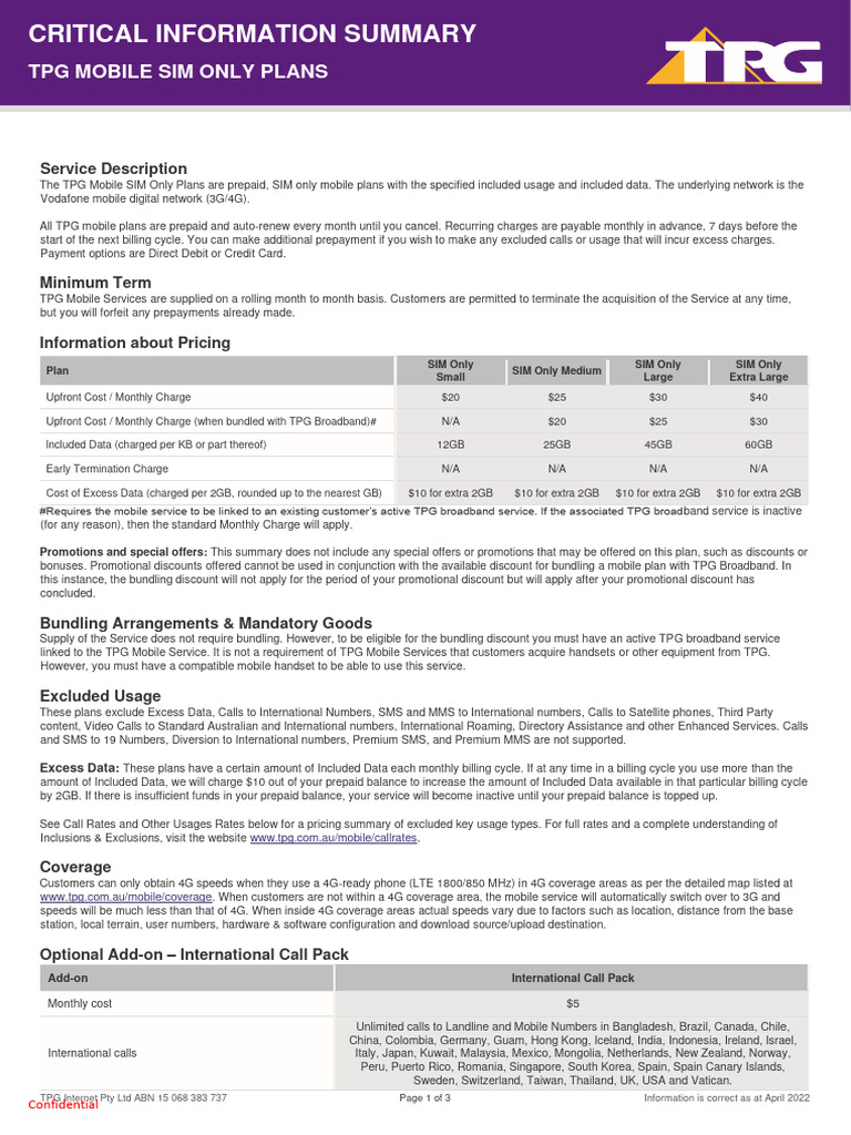 CIS TPG Mobile SIM Only Plans | Download Free PDF | Prepaid Mobile ...