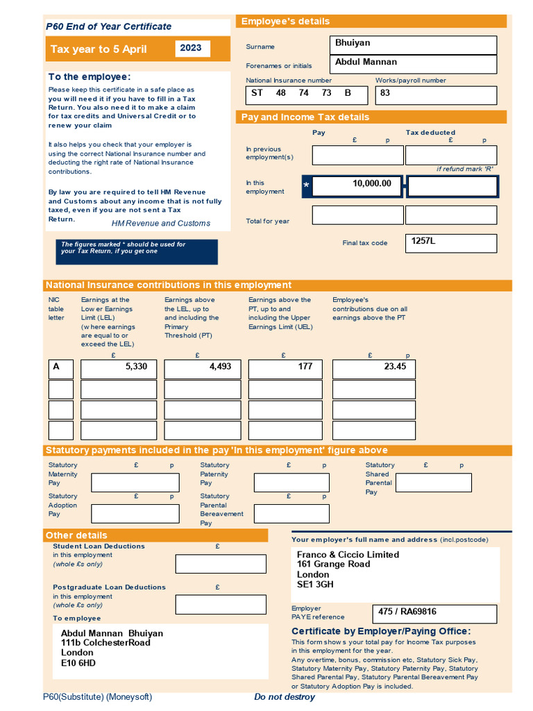 Franco & Ciccio Limited - P60 End of Year Summary For Year 2022-23 For Abdul Mannan Bhuiyan (83 ...