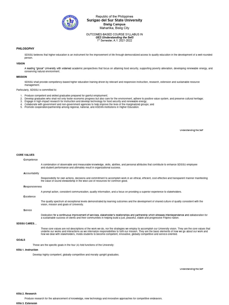 GE2 Understanding The Self Course Syllabus | PDF | Learning | Identity ...