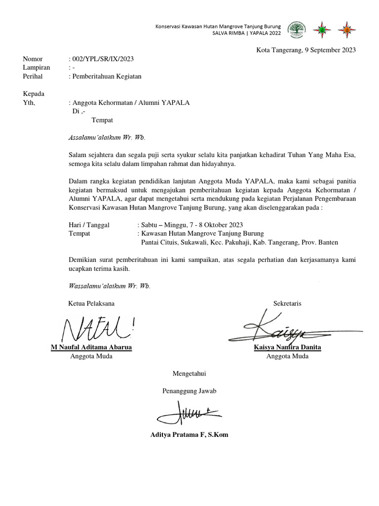 Surat Pemberitahuan Kegiatan Pengembaraan Konservasi Hutan Mangrove Tanjung Burung | PDF