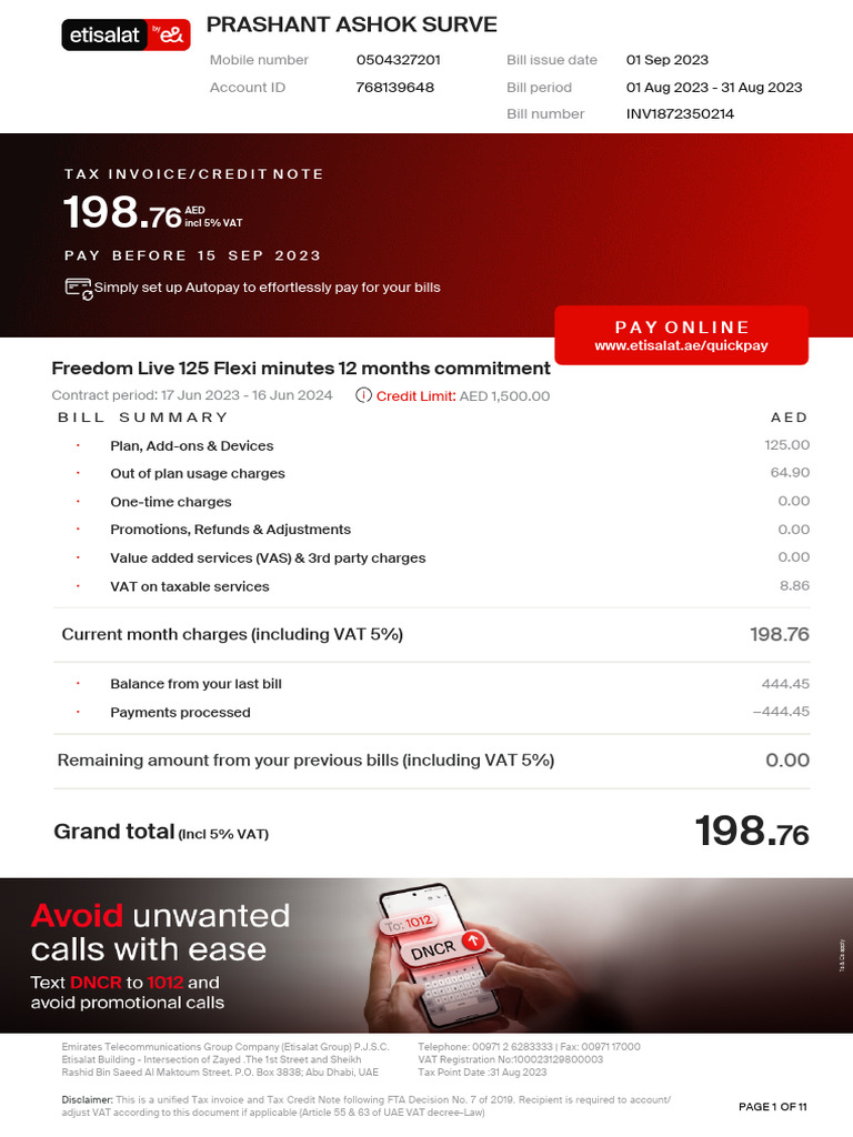 Etisalat Internet Bill Summary | PDF