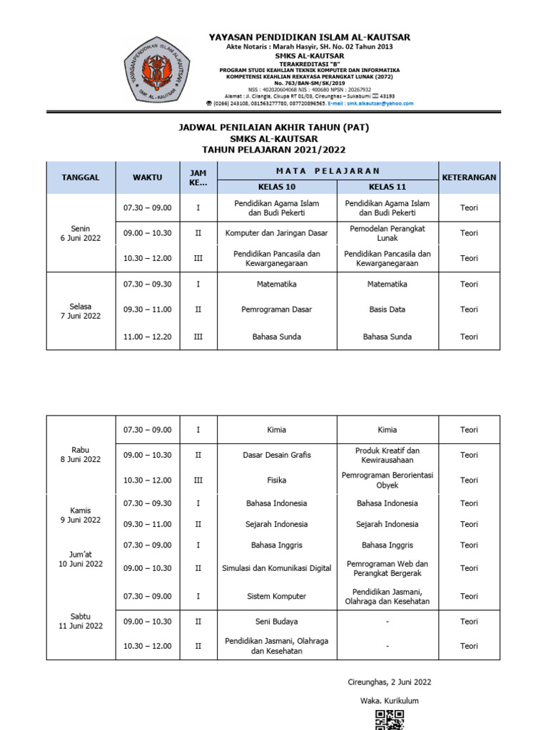 Jadwal Pat Dan Pengawas Pat SMK Al-Kautsar Tp. 2021-2022 | PDF