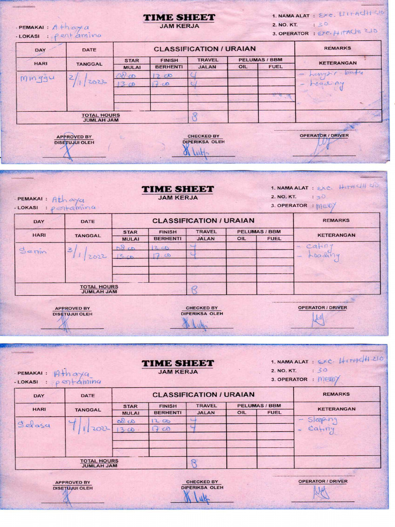 time sheet exca hitachi(pg-7) | PDF