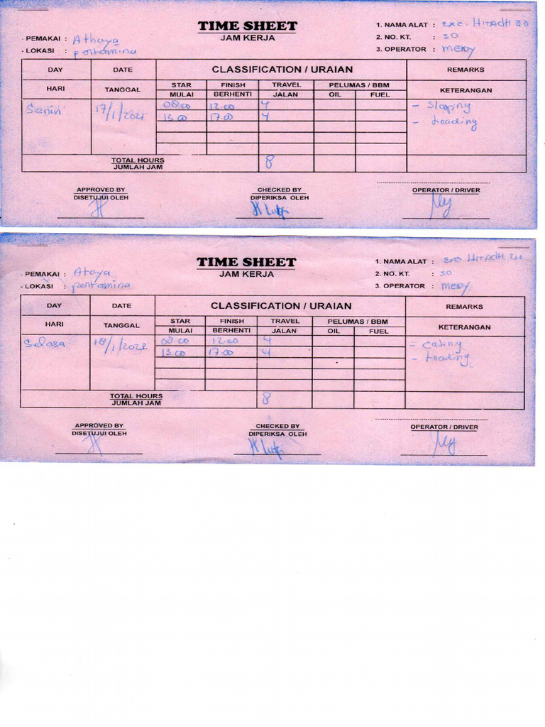 Time Sheet Exca Hitachi (pg-12) | PDF