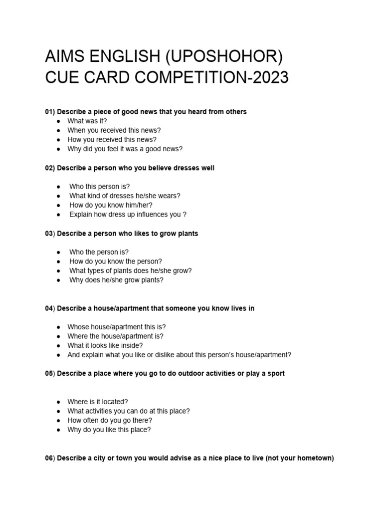 AIMS English Cue Card Topics 2023 | PDF